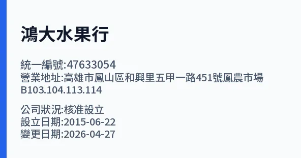 鴻大水果行的照片-統編 47633054(高雄市) 公司登記資料與營業項目詳細圖表