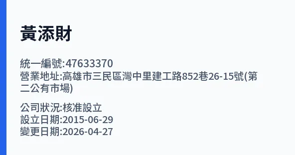黃添財的照片-統編 47633370(高雄市) 公司登記資料與營業項目詳細圖表