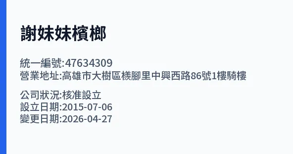 謝妹妹檳榔的照片-統編 47634309(高雄市) 公司登記資料與營業項目詳細圖表