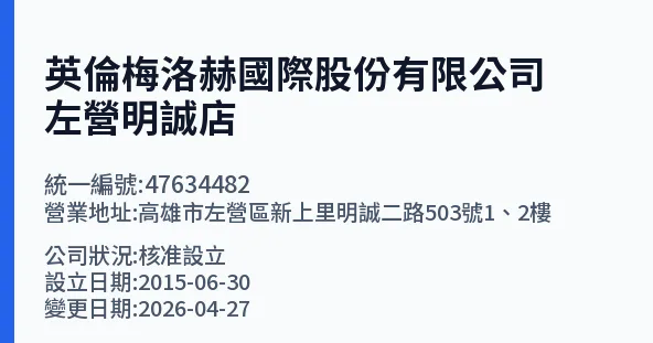 英倫梅洛赫國際股份有限公司左營明誠店的照片-統編 47634482(高雄市) 公司登記資料與營業項目詳細圖表