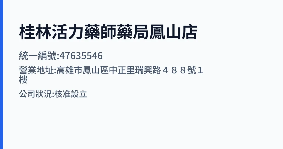 桂林活力藥師藥局鳳山店 - 統編 47635546(高雄市) 公司登記資料與營業項目詳細圖表