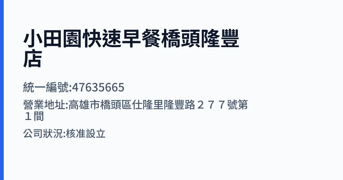 小田園快速早餐橋頭隆豐店 - 統編 47635665(高雄市) 公司登記資料與營業項目詳細圖表