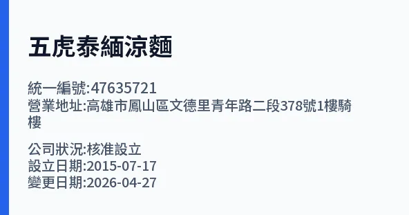 五虎泰緬涼麵的照片-統編 47635721(高雄市) 公司登記資料與營業項目詳細圖表