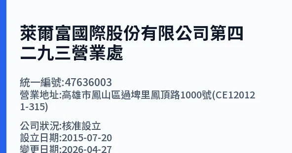 萊爾富國際股份有限公司第四二九三營業處的照片-統編 47636003(高雄市) 公司登記資料與營業項目詳細圖表