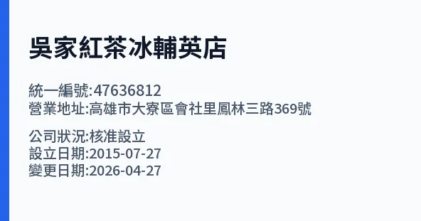 吳家紅茶冰輔英店的照片-統編 47636812(高雄市) 公司登記資料與營業項目詳細圖表
