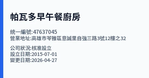帕瓦多早午餐廚房的照片-統編 47637045(高雄市) 公司登記資料與營業項目詳細圖表