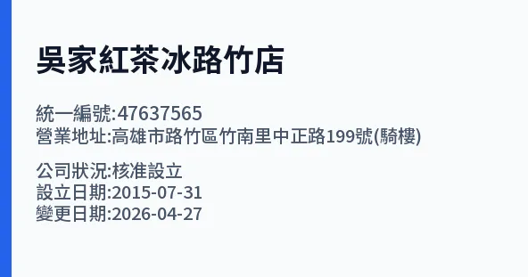吳家紅茶冰路竹店的照片-統編 47637565(高雄市) 公司登記資料與營業項目詳細圖表