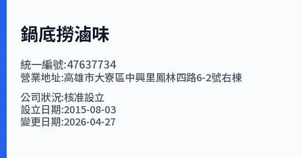 鍋底撈滷味的照片-統編 47637734(高雄市) 公司登記資料與營業項目詳細圖表