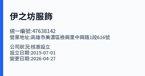 伊之坊服飾的照片-統編 47638142(高雄市) 公司登記資料與營業項目詳細圖表