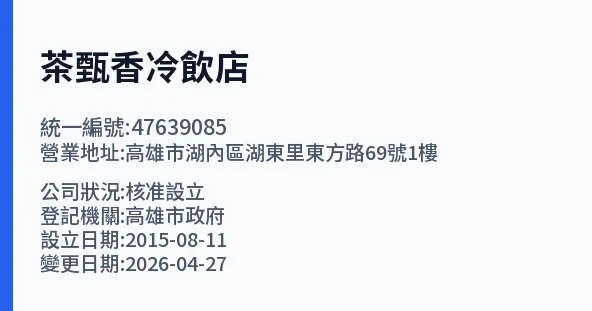 茶甄香冷飲店的照片-統編 47639085(高雄市) 公司登記資料與營業項目詳細圖表