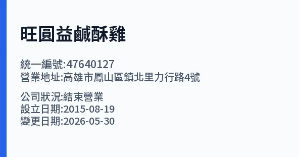 旺圓益鹹酥雞的照片-統編 47640127(高雄市) 公司登記資料與營業項目詳細圖表