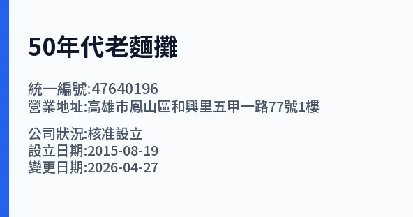 50年代老麵攤的照片-統編 47640196(高雄市) 公司登記資料與營業項目詳細圖表