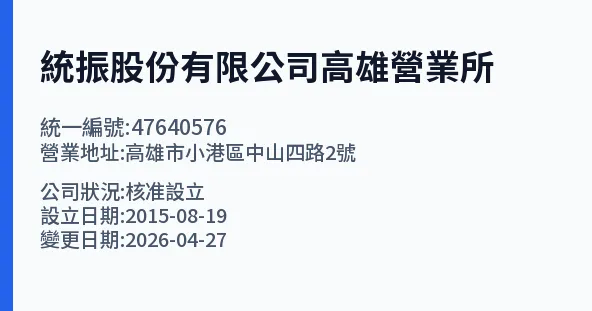 統振股份有限公司高雄營業所的照片-統編 47640576(高雄市) 公司登記資料與營業項目詳細圖表