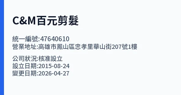 C&M百元剪髮的照片-統編 47640610(高雄市) 公司登記資料與營業項目詳細圖表