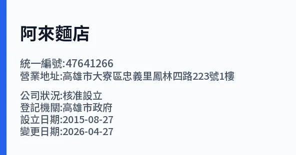 阿來麵店的照片-統編 47641266(高雄市) 公司登記資料與營業項目詳細圖表
