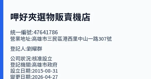 呷好夾選物販賣機店的照片-統編 47641786(高雄市) 公司登記資料與營業項目詳細圖表