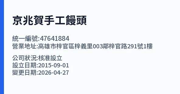 京兆賀手工饅頭的照片-統編 47641884(高雄市) 公司登記資料與營業項目詳細圖表