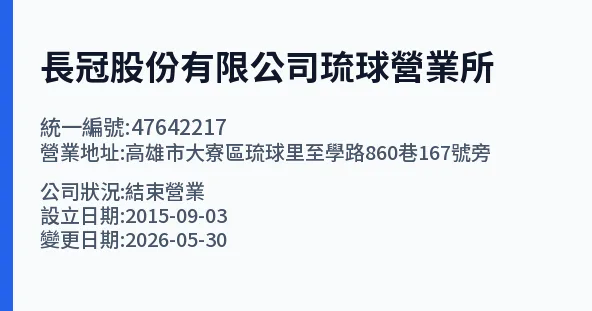 長冠股份有限公司琉球營業所的照片-統編 47642217(高雄市) 公司登記資料與營業項目詳細圖表
