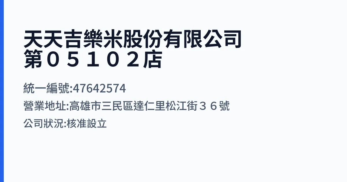 天天吉樂米股份有限公司第０５１０２店 - 統編 47642574(高雄市) 公司登記資料與營業項目詳細圖表