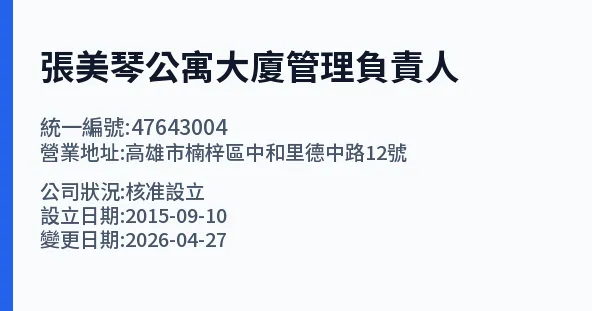 張美琴公寓大廈管理負責人的照片-統編 47643004(高雄市) 公司登記資料與營業項目詳細圖表