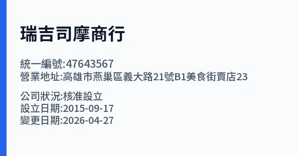 瑞吉司摩商行的照片-統編 47643567(高雄市) 公司登記資料與營業項目詳細圖表