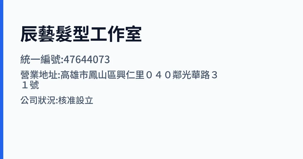 辰藝髮型工作室 - 統編 47644073(高雄市) 公司登記資料與營業項目詳細圖表