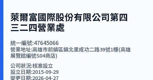 萊爾富國際股份有限公司第四三二四營業處的照片-統編 47645066(高雄市) 公司登記資料與營業項目詳細圖表