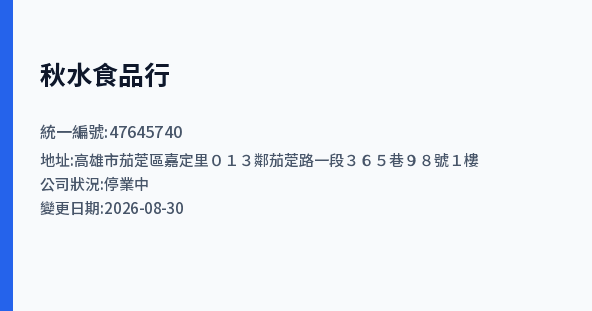 秋水食品行的照片-統編 47645740(高雄市) 公司登記資料與營業項目詳細圖表