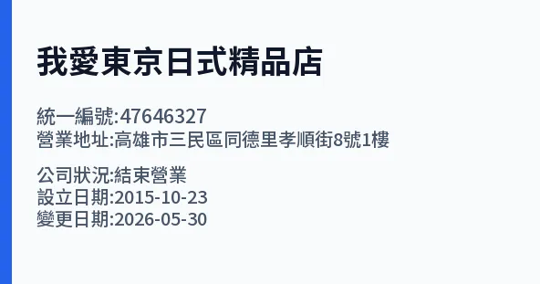 我愛東京日式精品店的照片-統編 47646327(高雄市) 公司登記資料與營業項目詳細圖表