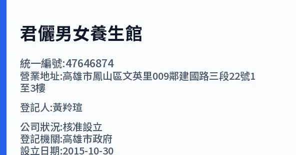 君儷男女養生館的照片-統編 47646874(高雄市) 公司登記資料與營業項目詳細圖表