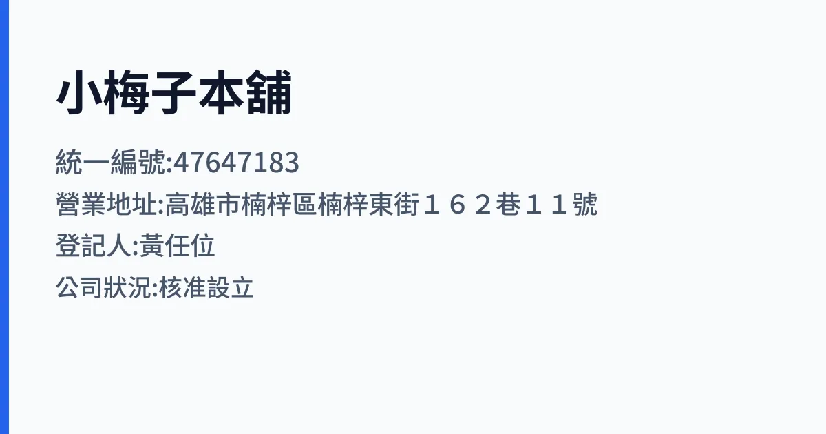 小梅子本舖 - 統編 47647183(高雄市) 公司登記資料與營業項目詳細圖表