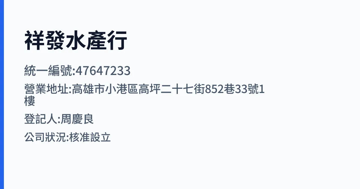 祥發水產行 - 統編 47647233(高雄市) 公司登記資料與營業項目詳細圖表