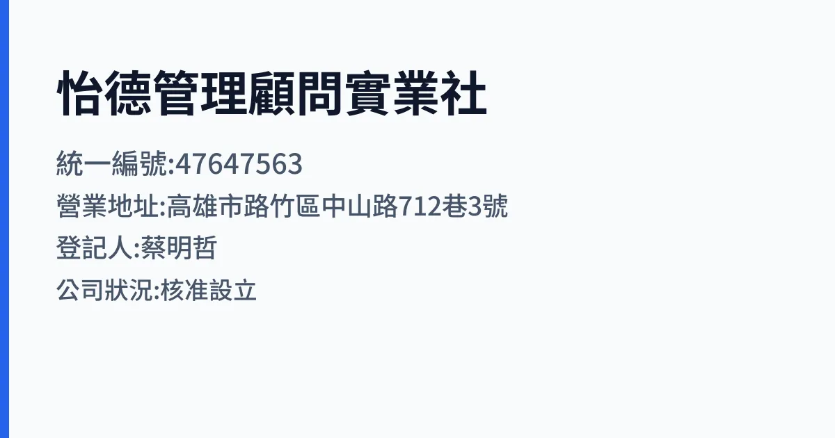 怡德管理顧問實業社 - 統編 47647563(高雄市) 公司登記資料與營業項目詳細圖表