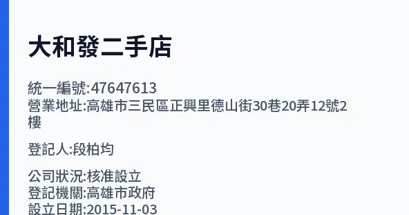 大和發二手店的照片-統編 47647613(高雄市) 公司登記資料與營業項目詳細圖表