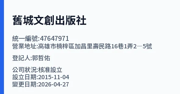 舊城文創出版社的照片-統編 47647971(高雄市) 公司登記資料與營業項目詳細圖表