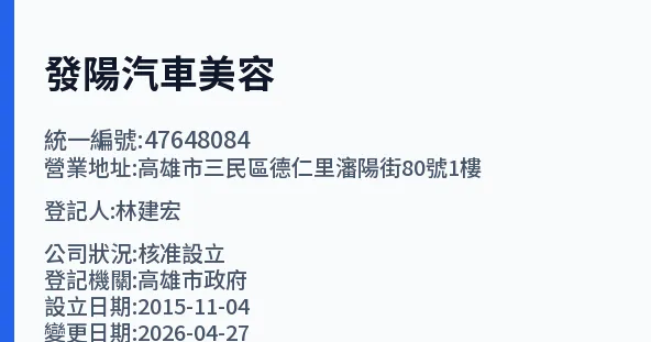 發陽汽車美容的照片-統編 47648084(高雄市) 公司登記資料與營業項目詳細圖表