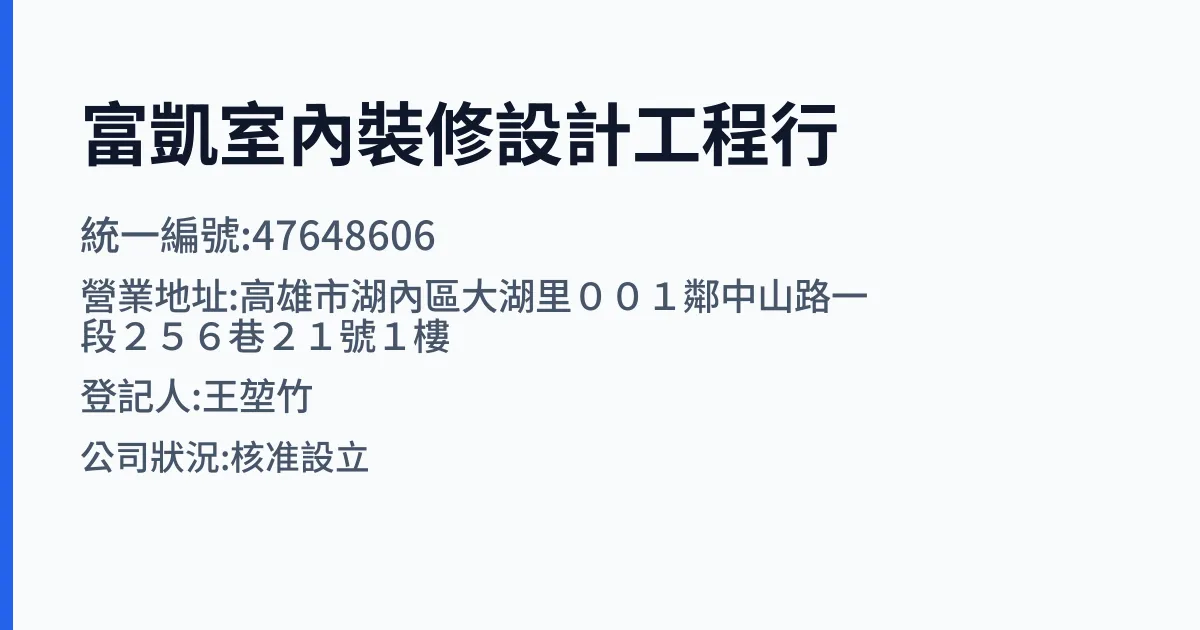 富凱室內裝修設計工程行 - 統編 47648606(高雄市) 公司登記資料與營業項目詳細圖表