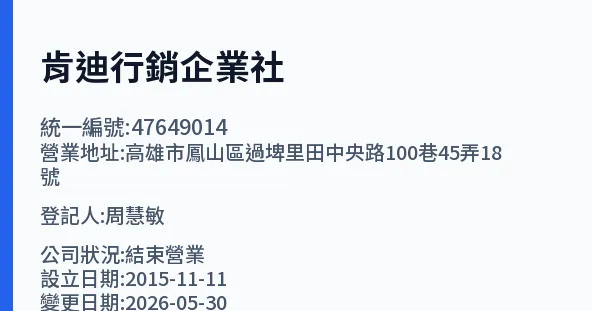 肯迪行銷企業社的照片-統編 47649014(高雄市) 公司登記資料與營業項目詳細圖表