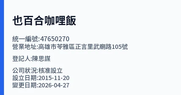 也百合咖哩飯的照片-統編 47650270(高雄市) 公司登記資料與營業項目詳細圖表