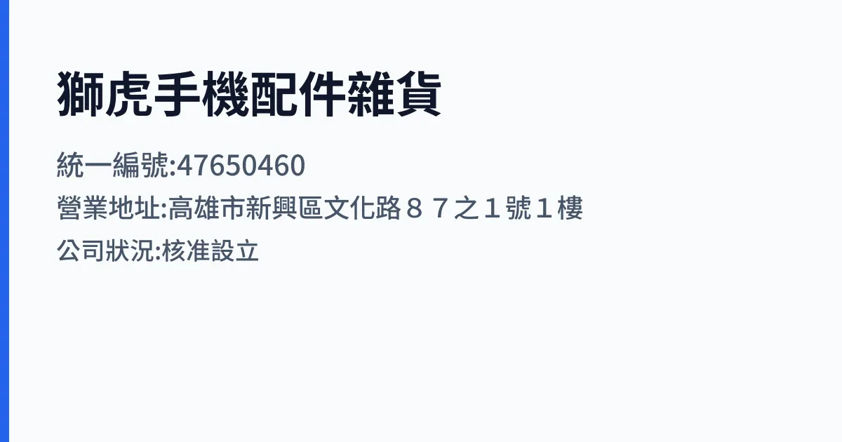 獅虎手機配件雜貨 - 統編 47650460(高雄市) 公司登記資料與營業項目詳細圖表