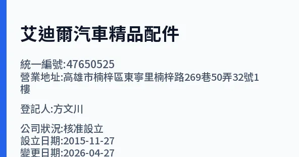 艾迪爾汽車精品配件的照片-統編 47650525(高雄市) 公司登記資料與營業項目詳細圖表