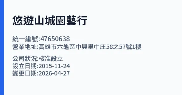 悠遊山城園藝行的照片-統編 47650638(高雄市) 公司登記資料與營業項目詳細圖表