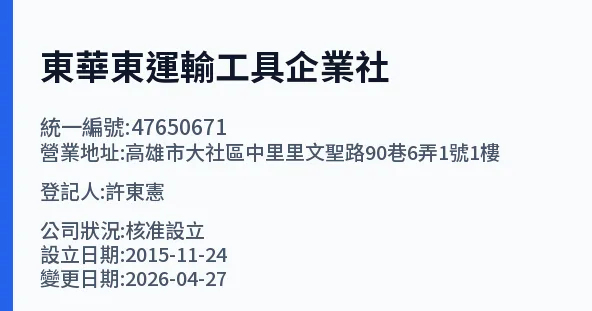 東華東運輸工具企業社的照片-統編 47650671(高雄市) 公司登記資料與營業項目詳細圖表