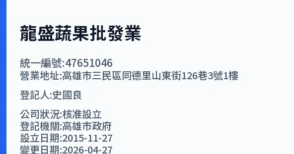 龍盛蔬果批發業的照片-統編 47651046(高雄市) 公司登記資料與營業項目詳細圖表