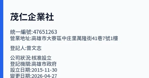 茂仁企業社的照片-統編 47651263(高雄市) 公司登記資料與營業項目詳細圖表