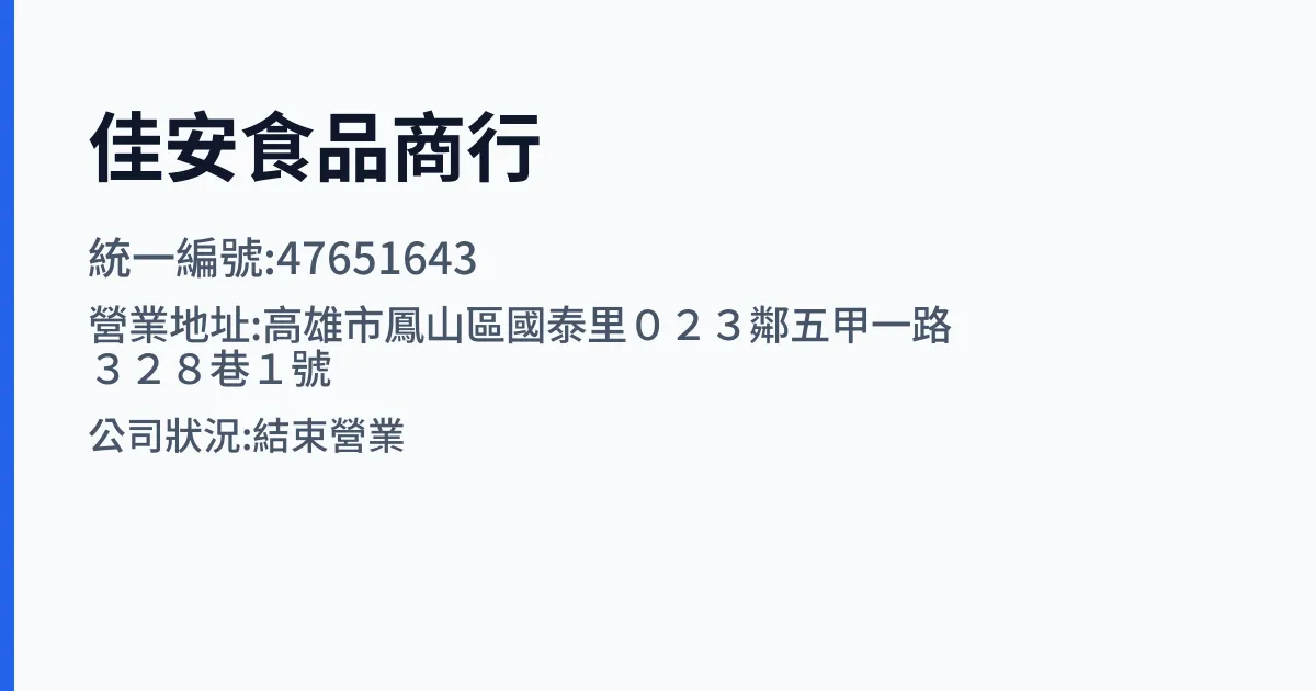 佳安食品商行 - 統編 47651643(高雄市) 公司登記資料與營業項目詳細圖表