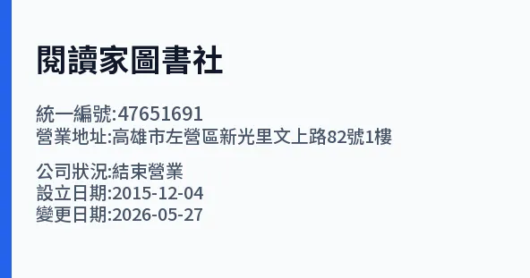 閱讀家圖書社的照片-統編 47651691(高雄市) 公司登記資料與營業項目詳細圖表