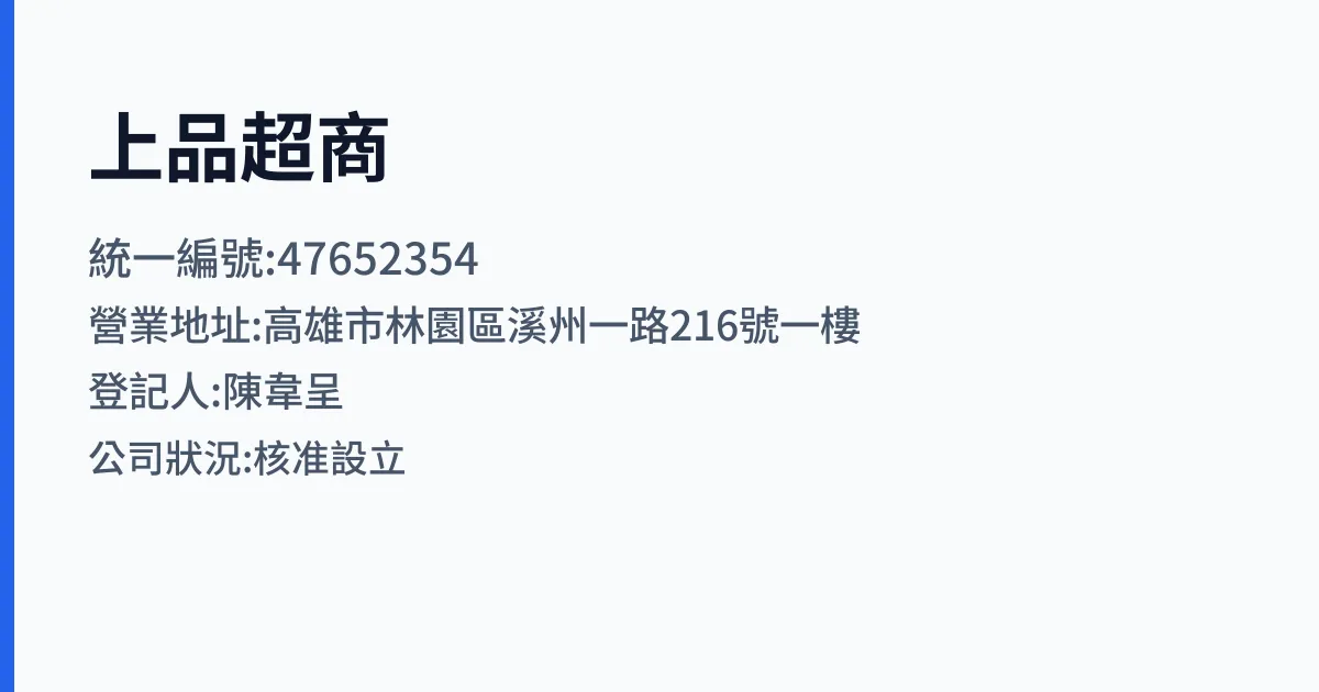 上品超商 - 統編 47652354(高雄市) 公司登記資料與營業項目詳細圖表