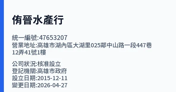 侑晉水產行的照片-統編 47653207(高雄市) 公司登記資料與營業項目詳細圖表