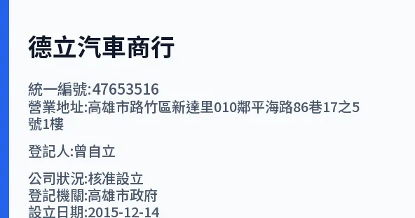 德立汽車商行的照片-統編 47653516(高雄市) 公司登記資料與營業項目詳細圖表
